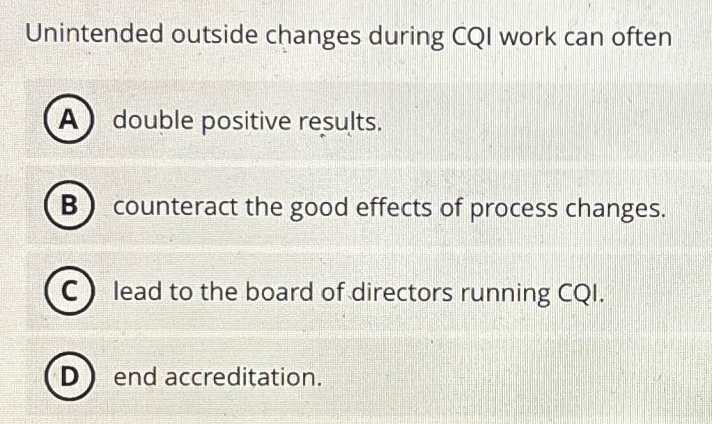 Solved Unintended outside changes during CQI work can often | Chegg.com