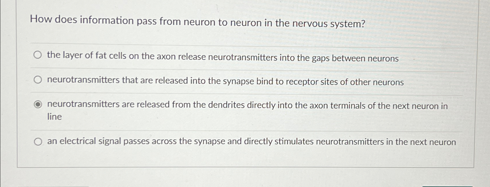 Solved How does information pass from neuron to neuron in | Chegg.com