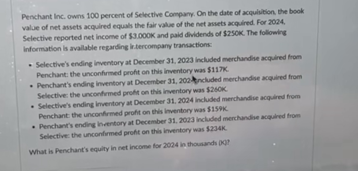 Solved Penchant Inc. owns 100 ﻿percent of Selective Company. | Chegg.com