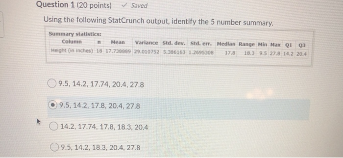 Solved Question 1 (20 points) Saved Using the following | Chegg.com