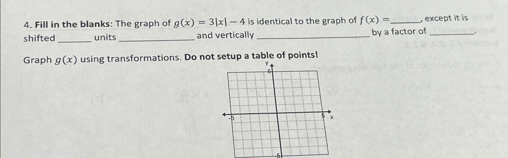 Solved Fill in the blanks: The graph of g(x)=3|x|-4 ﻿is | Chegg.com