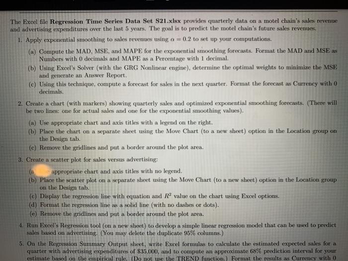 Solved The Excel file Regression Time Series Data Set | Chegg.com
