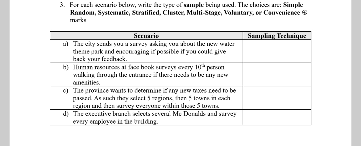 Solved For each scenario below, write the type of sample | Chegg.com