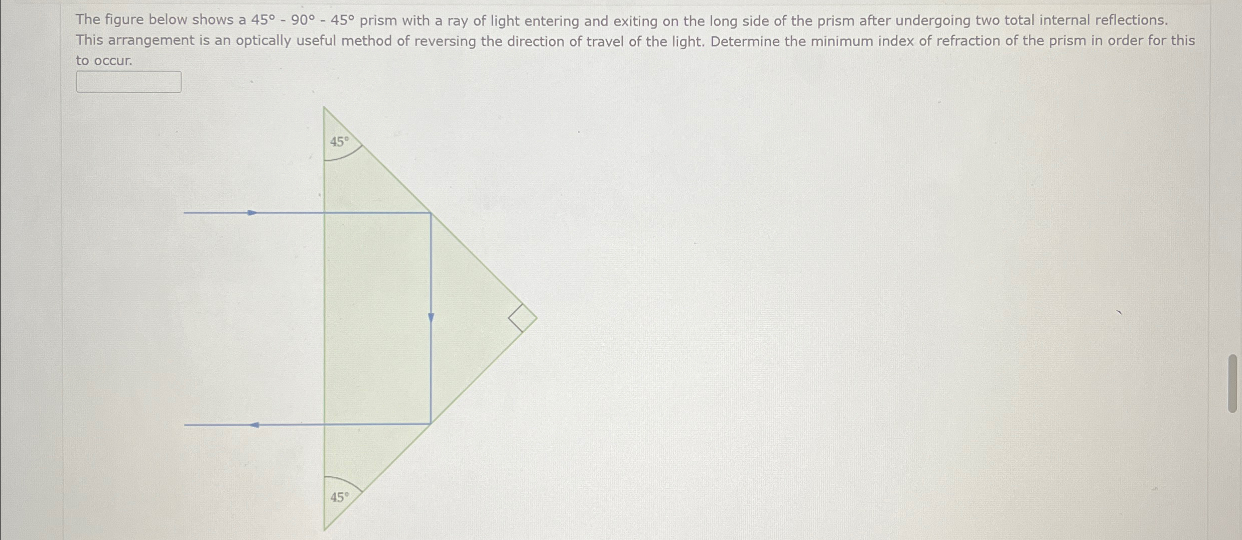 Solved The figure below shows a 45°-90°-45° ﻿prism with a | Chegg.com
