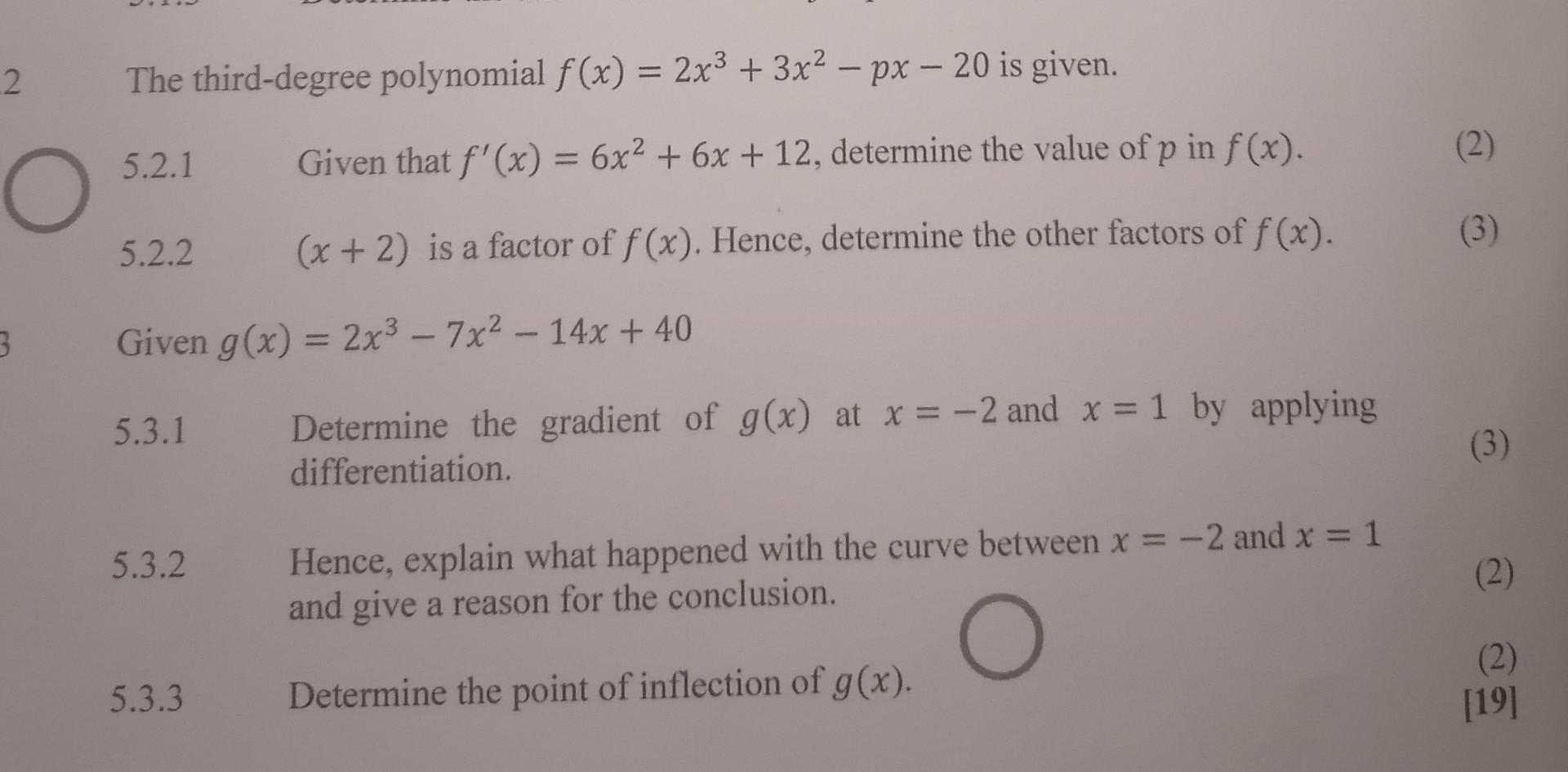 Solved The Third Degree Polynomial F X 2x3 3x2−px−20 Is