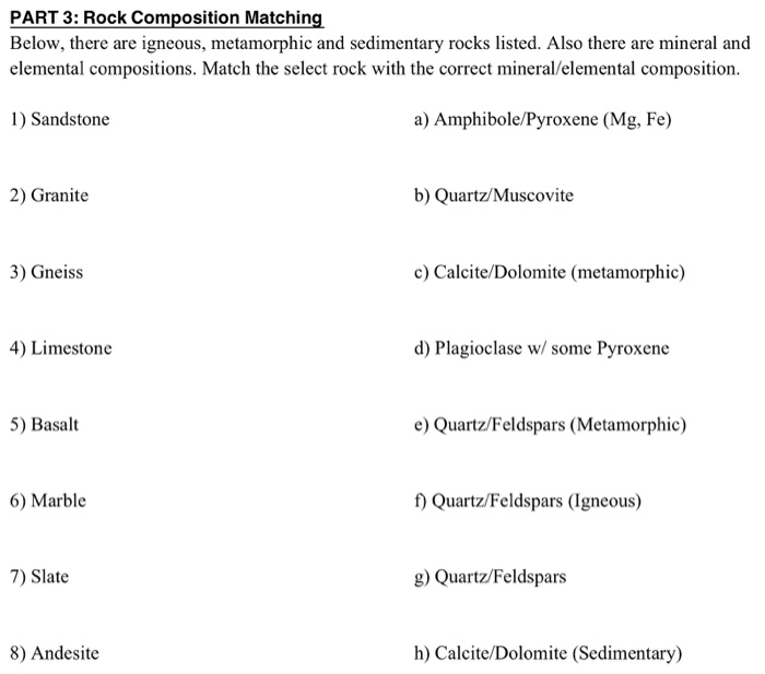 Solved PART 3: Rock Composition Matching Below, there are | Chegg.com