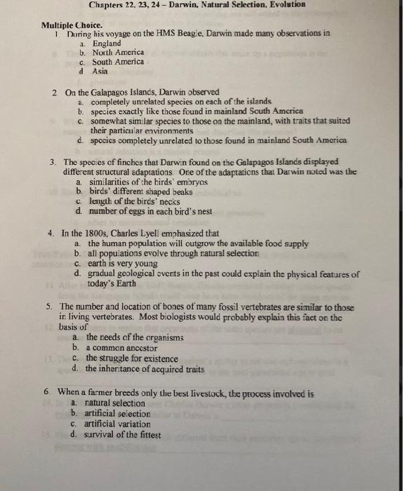 Solved Chapters 22, 23, 24 - Darwin, Natural Selection. | Chegg.com