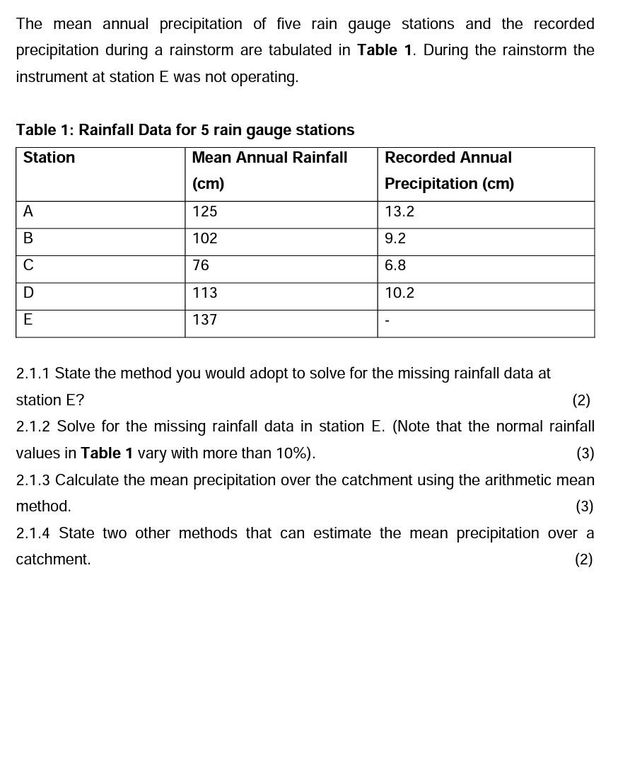 The mean annual precipitation of five rain gauge | Chegg.com