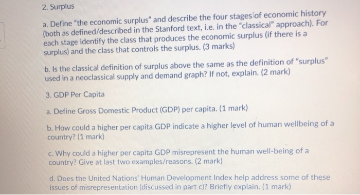 Solved 2. Surplus a. Define "the economic surplus" and | Chegg.com