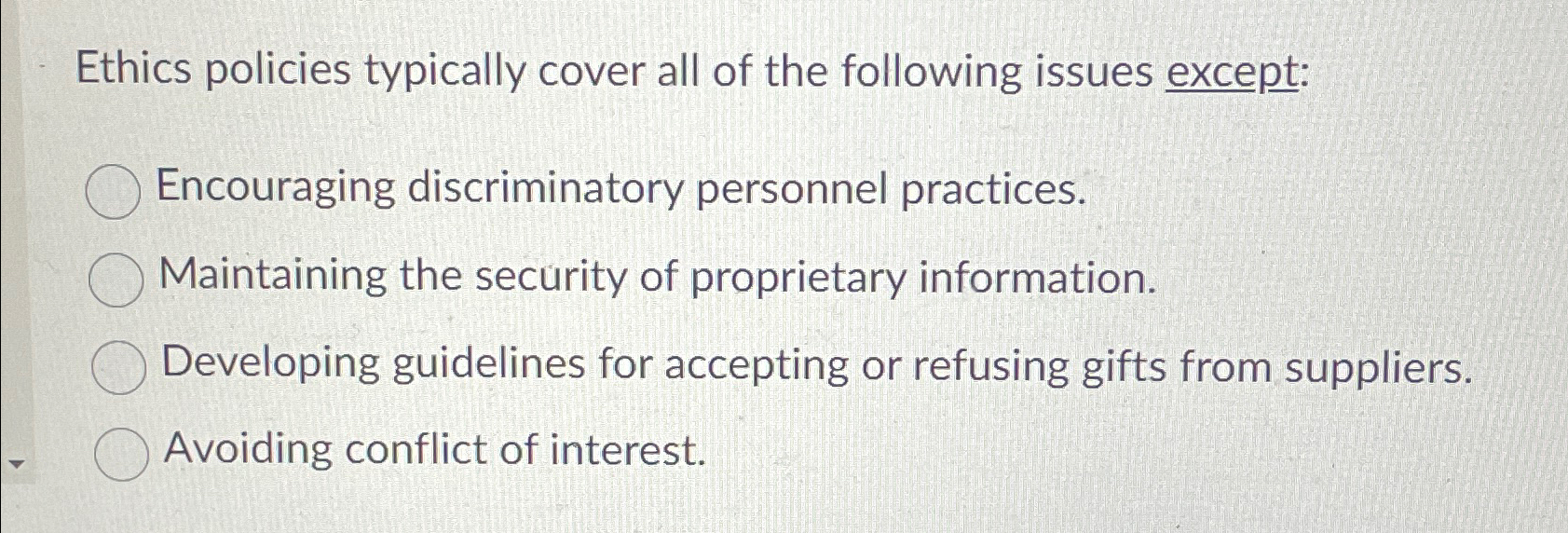 Solved Ethics policies typically cover all of the following | Chegg.com