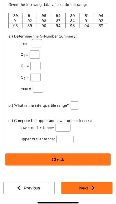 Solved Given the following data values, do following: a.) | Chegg.com