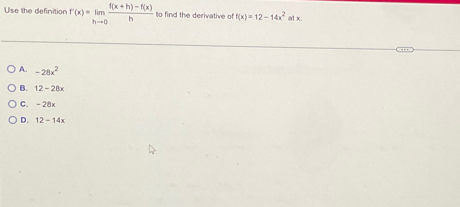 Solved Use the definition f'(x)=limh→0f(x+h)-f(x)h ﻿to find | Chegg.com