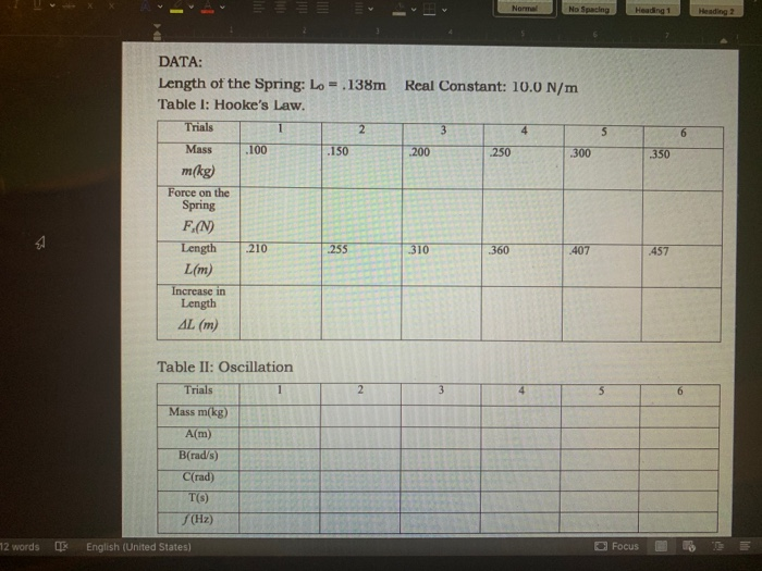 Solved Mass on the spring Lab . please help with lab ! data | Chegg.com