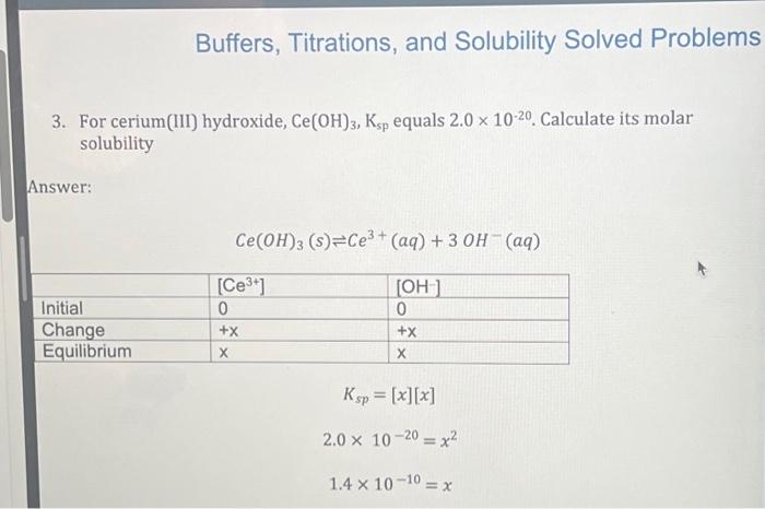 Solved 3. For cerium(III) hydroxide, Ce(OH)3, Ksp equals 2.0 | Chegg.com