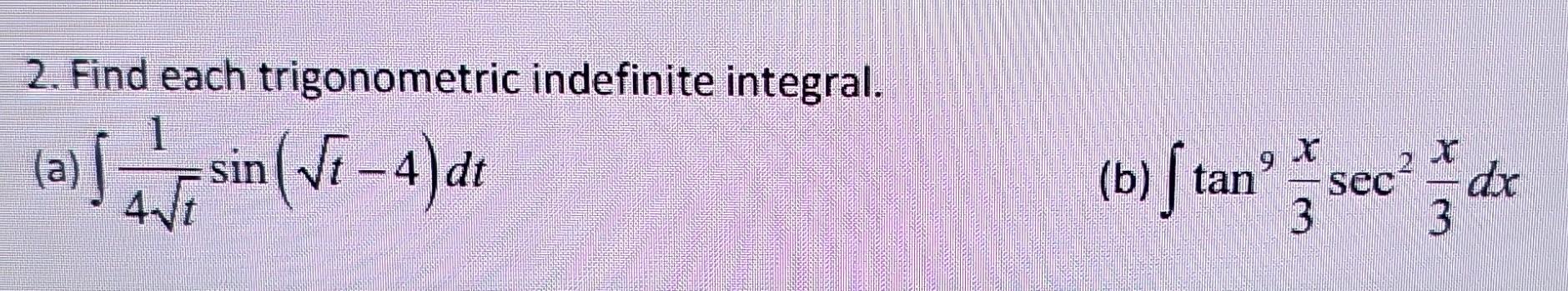 Solved 2. Find each trigonometric indefinite integral. (a) | Chegg.com