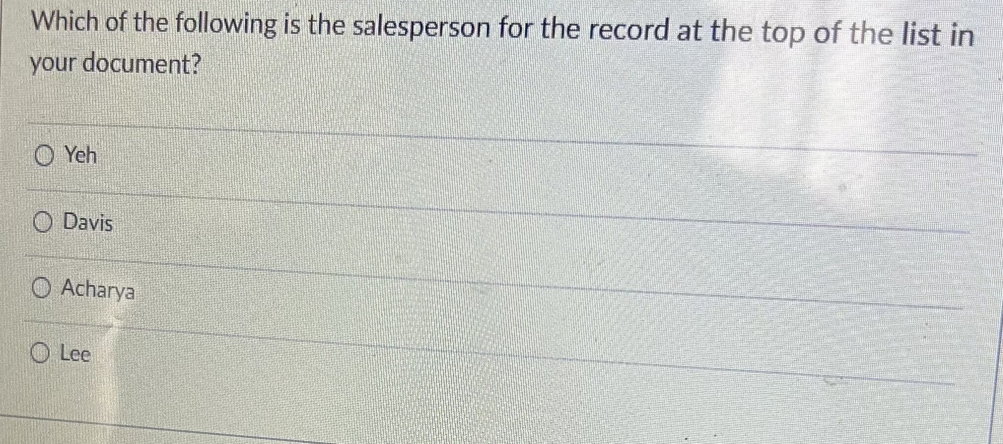 Solved Which of the following is the salesperson for the | Chegg.com