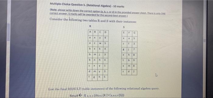 Solved Multiple-Choice Question 5. (Relational Algebra)-10 | Chegg.com
