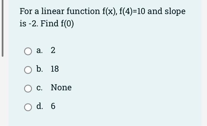 Solved For a linear function f(x),f(4)=10 and slope is -2 . | Chegg.com