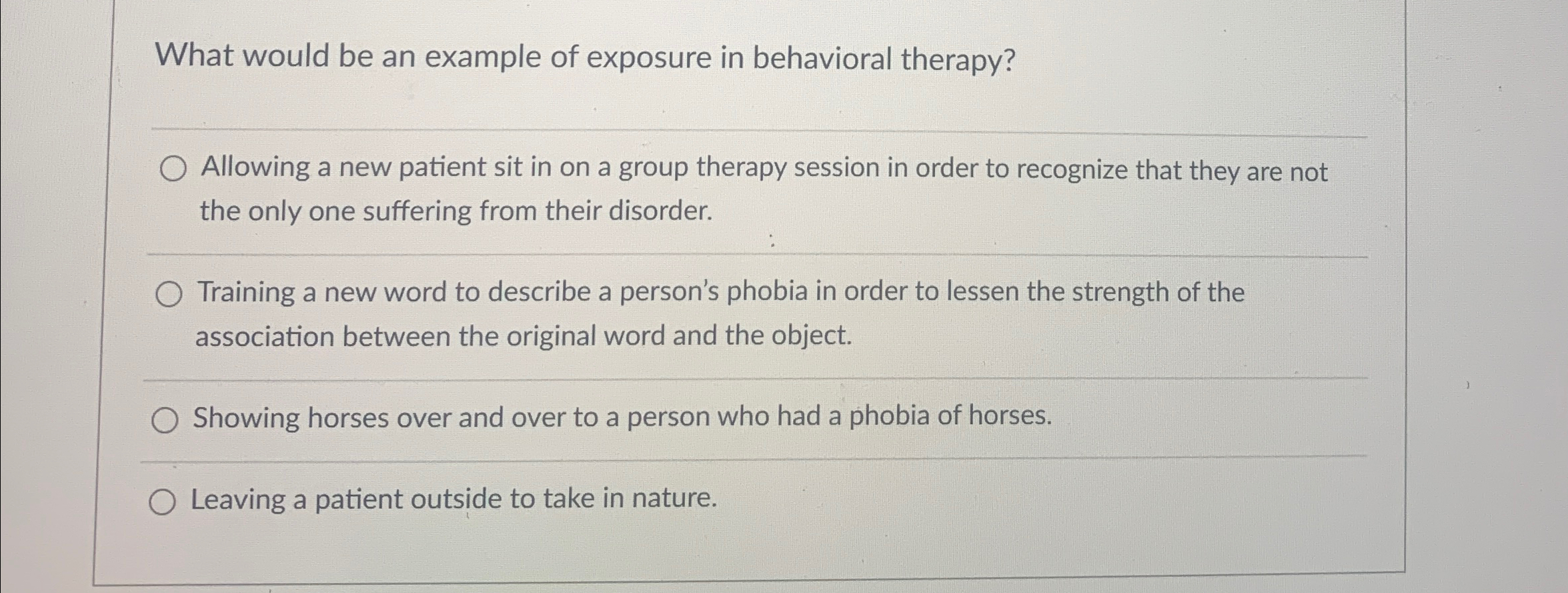Solved What would be an example of exposure in behavioral | Chegg.com