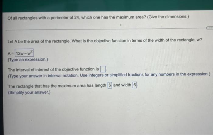 Solved Of all rectangles with a perimeter of 24, which one | Chegg.com