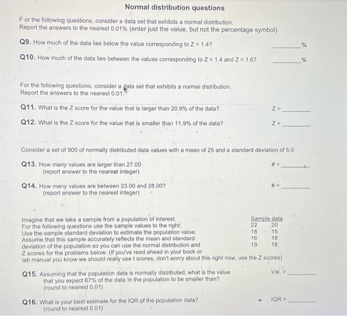 Solved Normal distribution questions For the following | Chegg.com