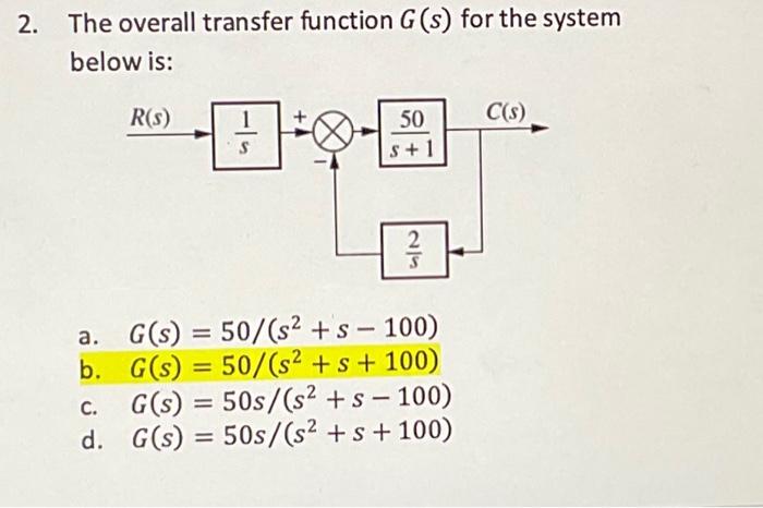 Solved 2. The overall transfer function G(s) for the system | Chegg.com