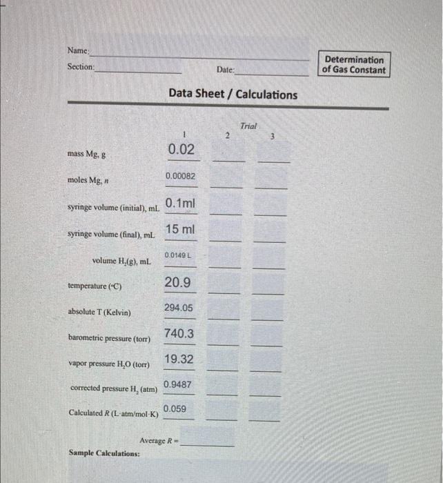 Solved Name Section: Determination of Gas Constant Date: | Chegg.com