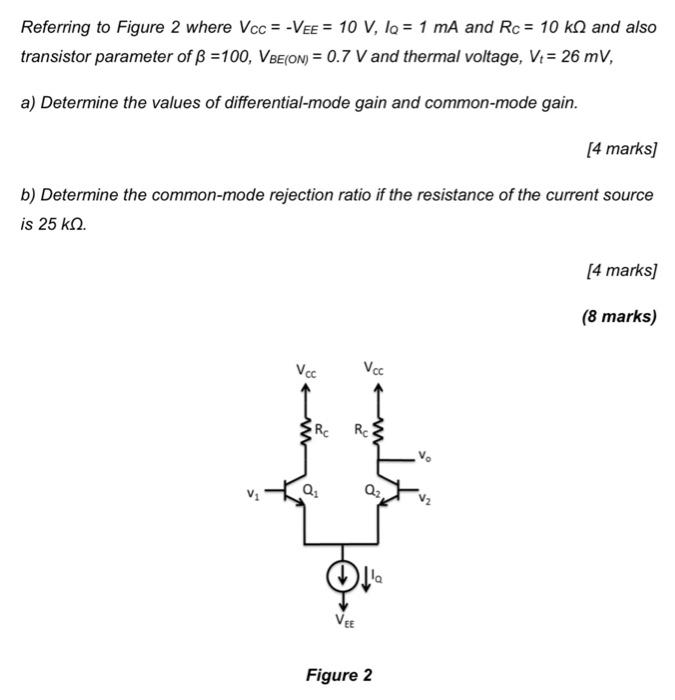 Solved Referring to Figure 2 where Vcc = -Vee = 10 V, lo = 1 | Chegg.com