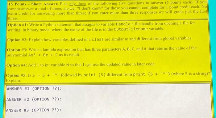 Solved 15 Points - Short Answer. Pick any three of the | Chegg.com