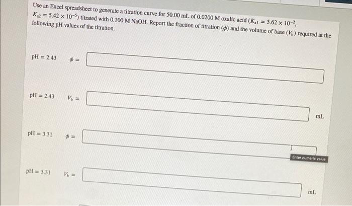 Solved Use an Excel spreadsheet to generate a titration | Chegg.com