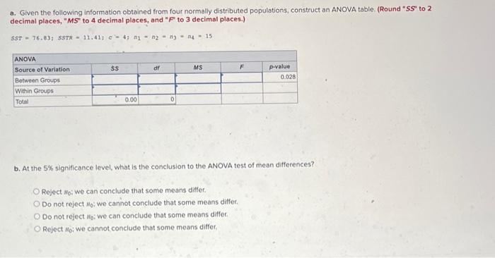 Solved a. Given the following information obtained from four | Chegg.com