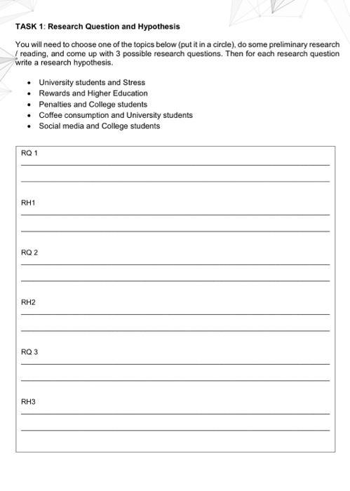 TASK 1: Research Question and Hypothesis You will | Chegg.com
