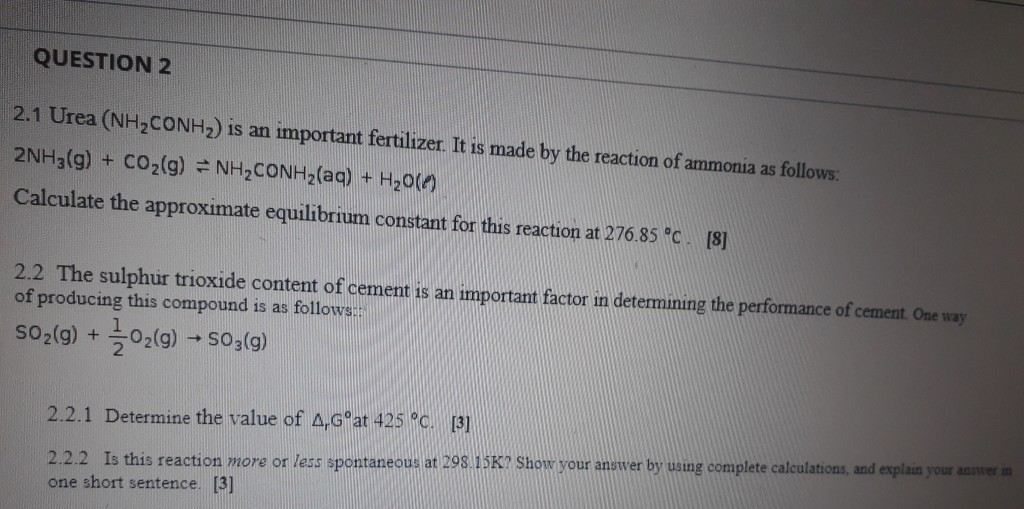 QUESTION 2 2.1 Urea (NH2CONH2) is an important | Chegg.com