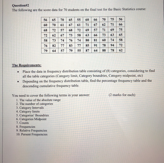 Solved Question#2 The following are the score data for 70 | Chegg.com