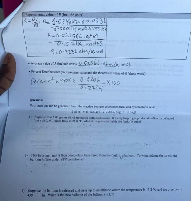 Solved MT Experimental value of R(include units) R =PV | Chegg.com
