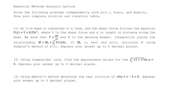 Solved Numerical Methods Analysis Lecture Solve the | Chegg.com
