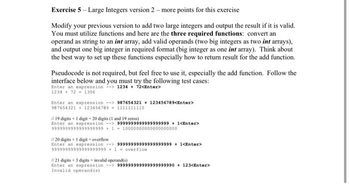 Solved Exercise 5 - Large Integers version 2 - more points | Chegg.com