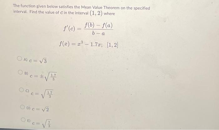 Solved The function given below satisfies the Mean Value | Chegg.com