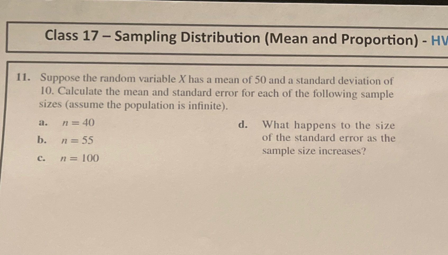 Solved Class 17 - ﻿Sampling Distribution (Mean and | Chegg.com