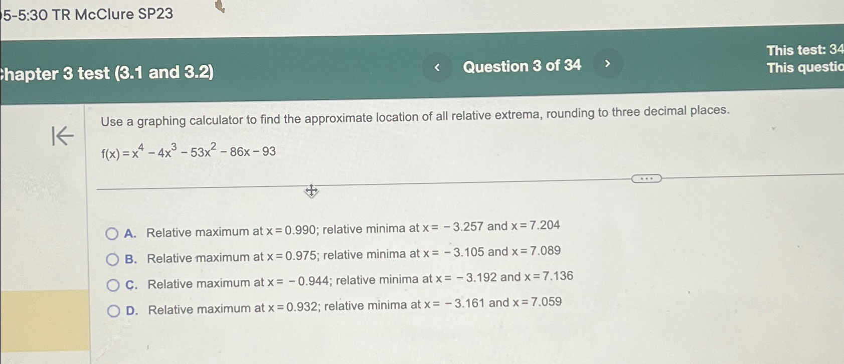 Solved 5-5:30 ﻿TR McClure SP23hapter 3 ﻿test (3.1 ﻿and | Chegg.com
