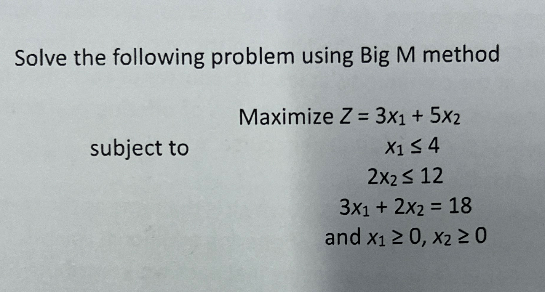 Solved Solve the following problem using Big M ﻿method | Chegg.com