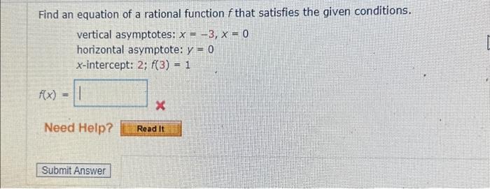 Solved Find an equation of a rational function f that | Chegg.com