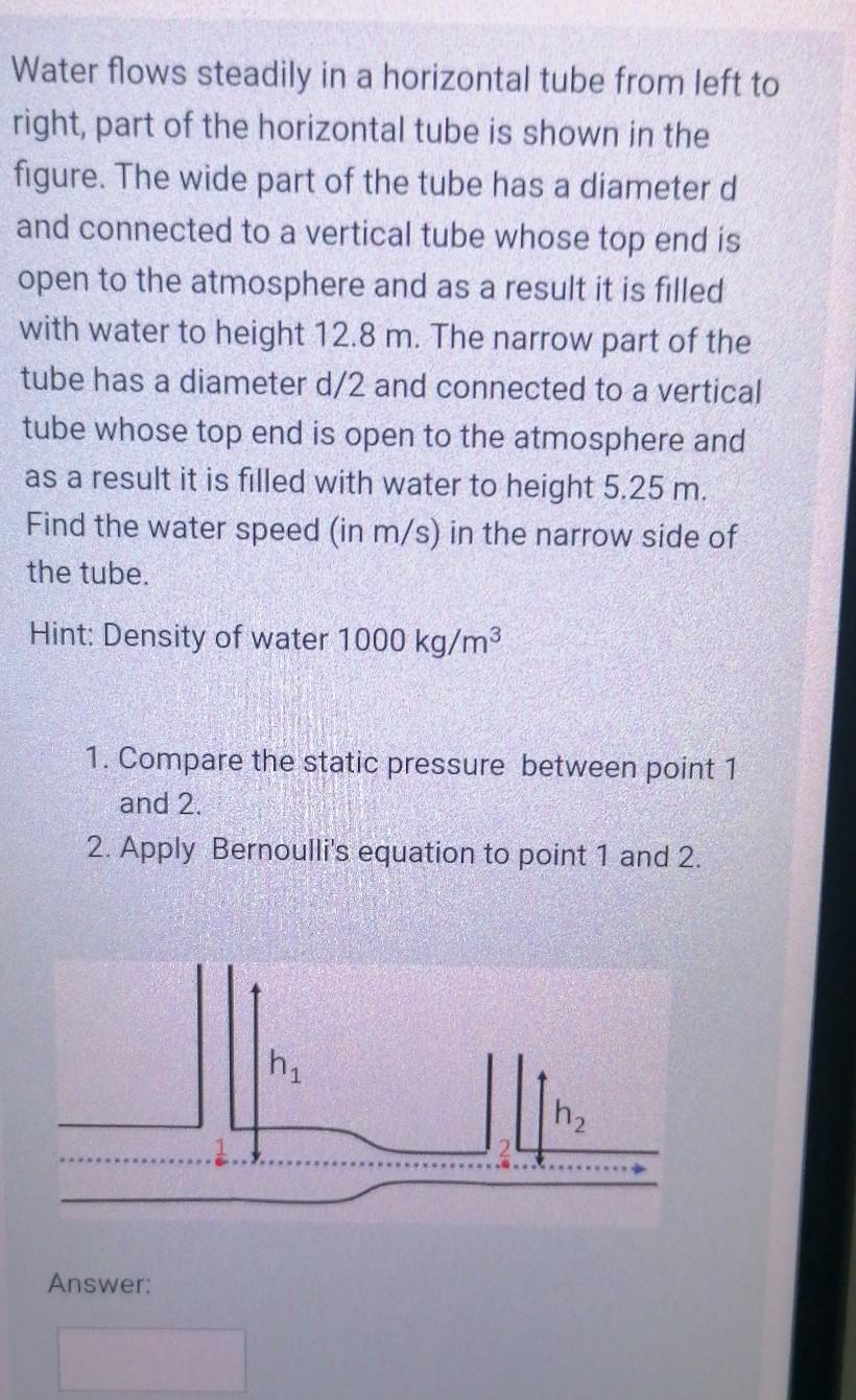 Solved Water flows steadily in a horizontal tube from left | Chegg.com