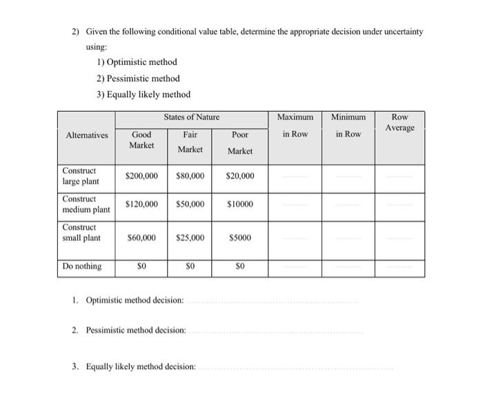 Solved 2) Given the following conditional value table, | Chegg.com