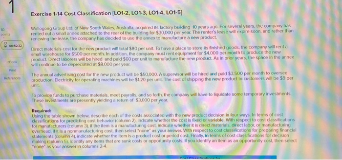 Solved 1 Exercise 1-14 Cost Classification (L01-2, L01-3, | Chegg.com