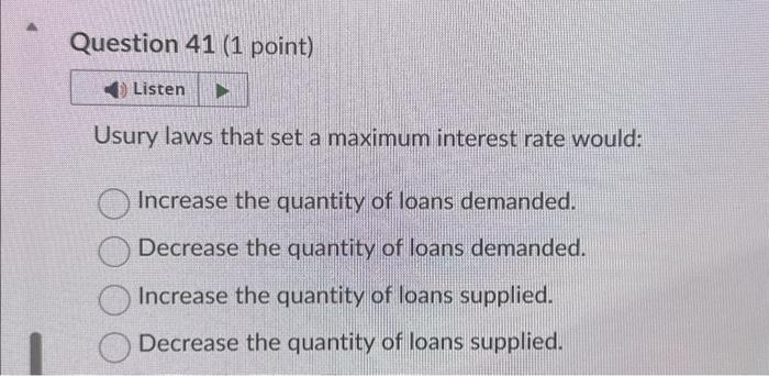 Solved Usury laws that set a maximum interest rate would: | Chegg.com