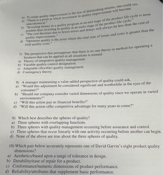 Solved 6) To relate quality improvement to the law of | Chegg.com