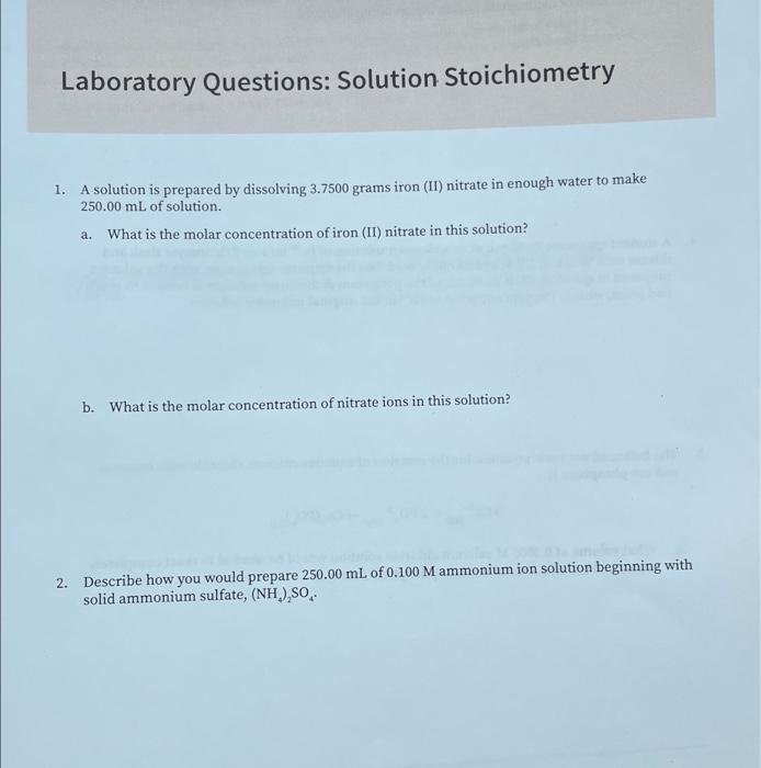 Solved Laboratory Questions: Solution Stoichiometry 1. A | Chegg.com