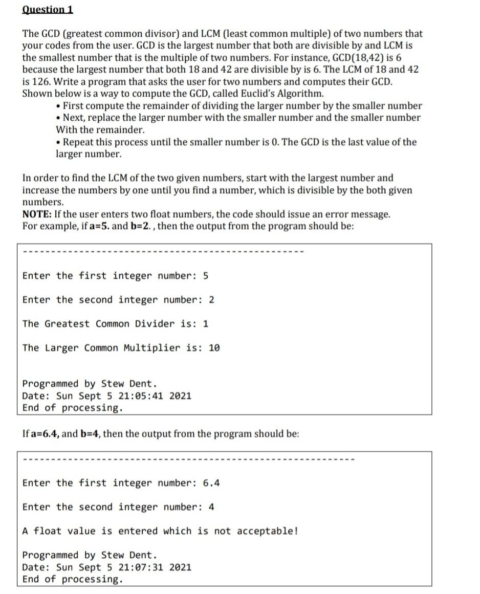 Solved Question 1 The GCD (greatest common divisor) and LCM | Chegg.com