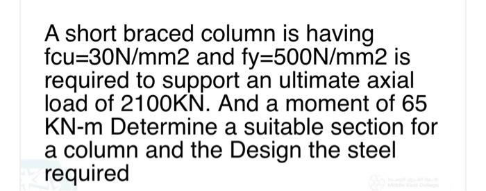Solved A short braced column is having fcu=30N/mm2 and | Chegg.com